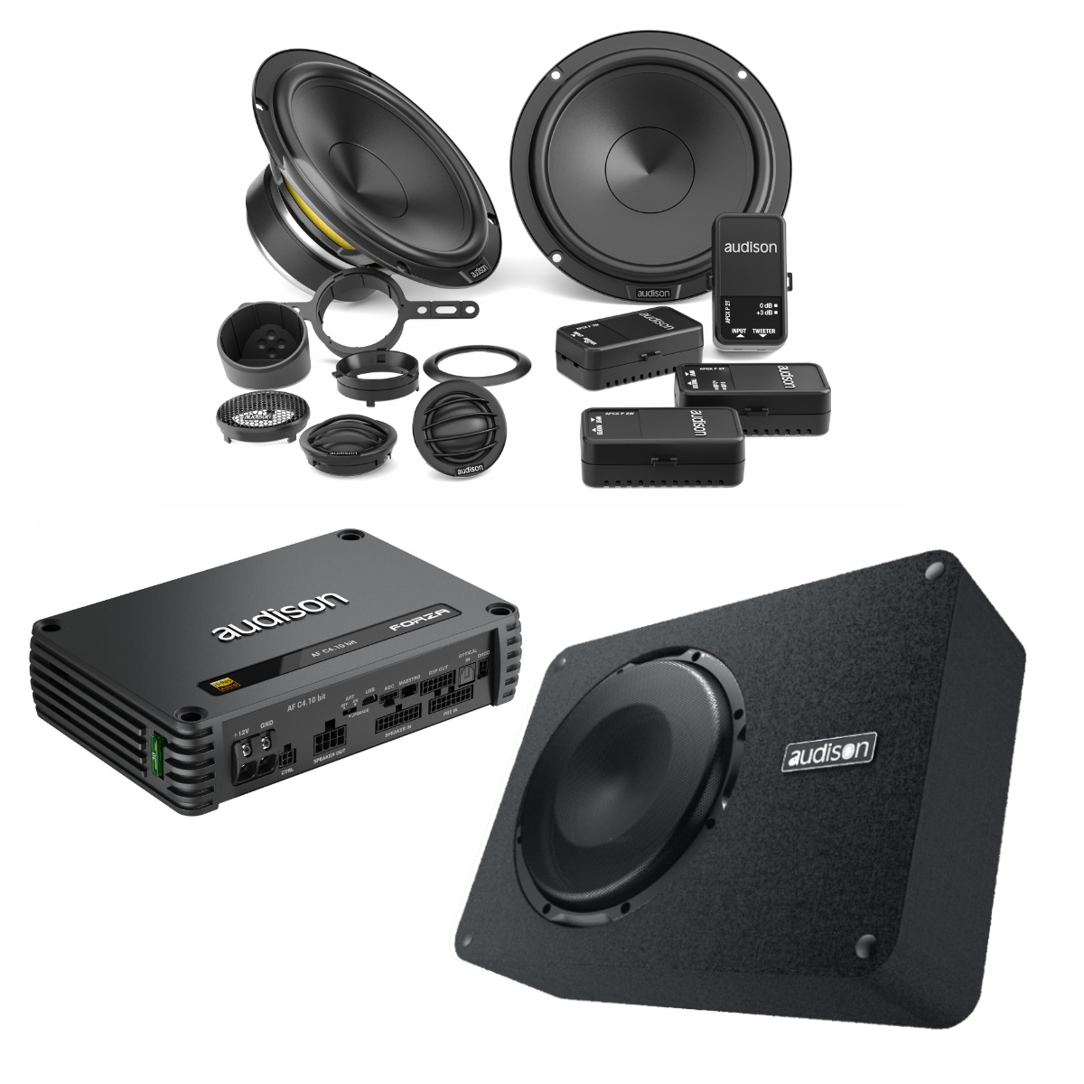 Audison Prima autohifipaketti DSP:llä, kaiuttimilla ja subbarilla ...